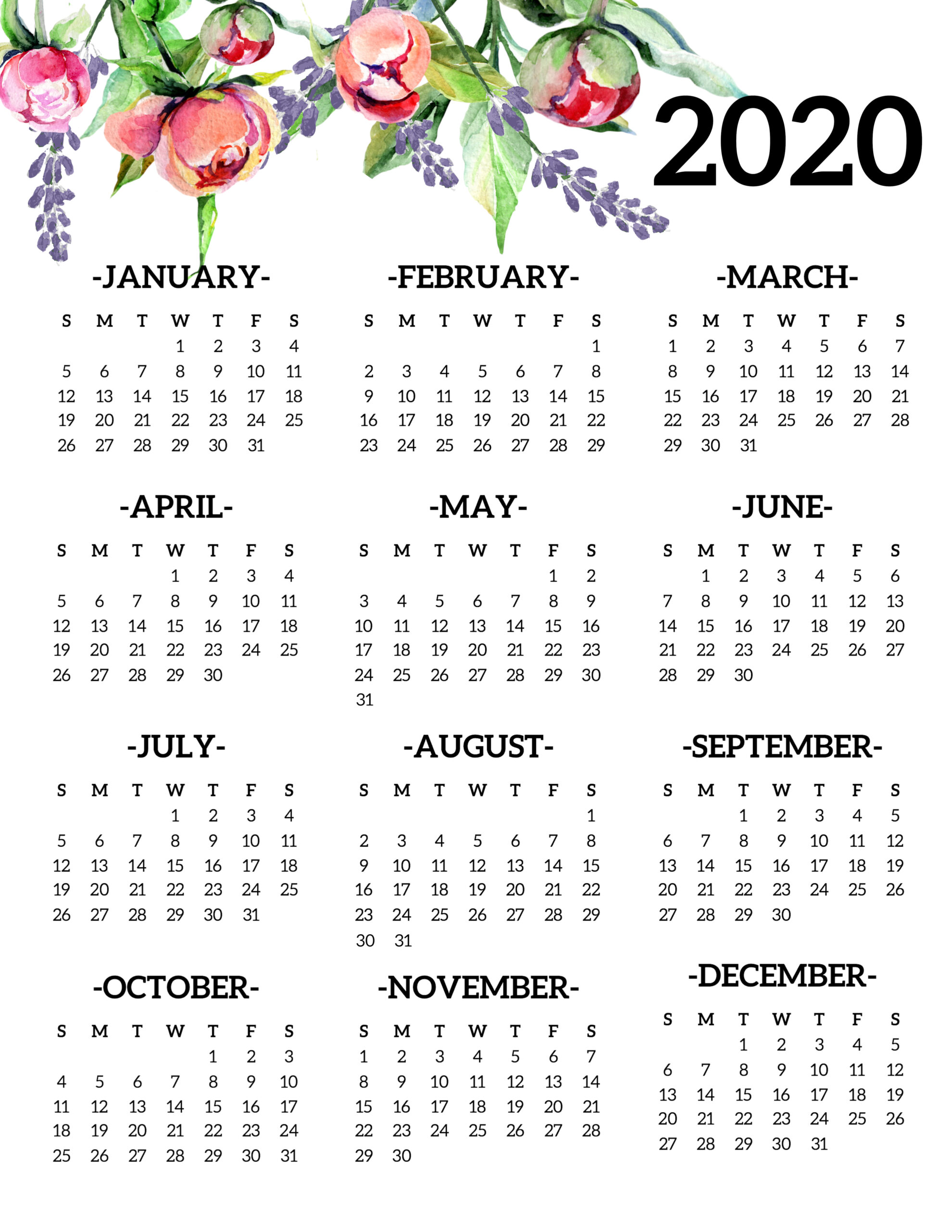 Free Printable 2020 Calendar Yearly One Page Floral Paper Trail Design