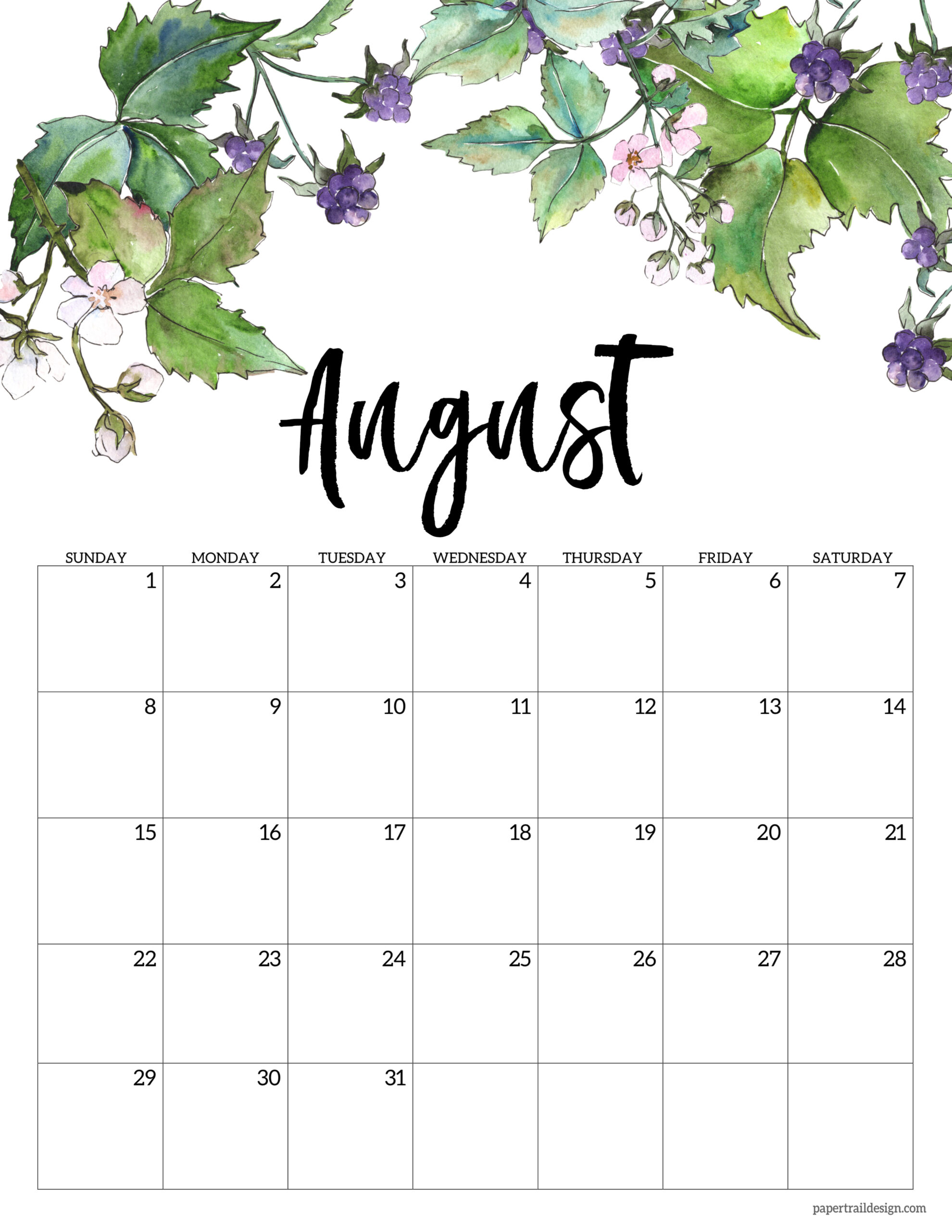 2021 Free Printable Calendar Floral Paper Trail Design