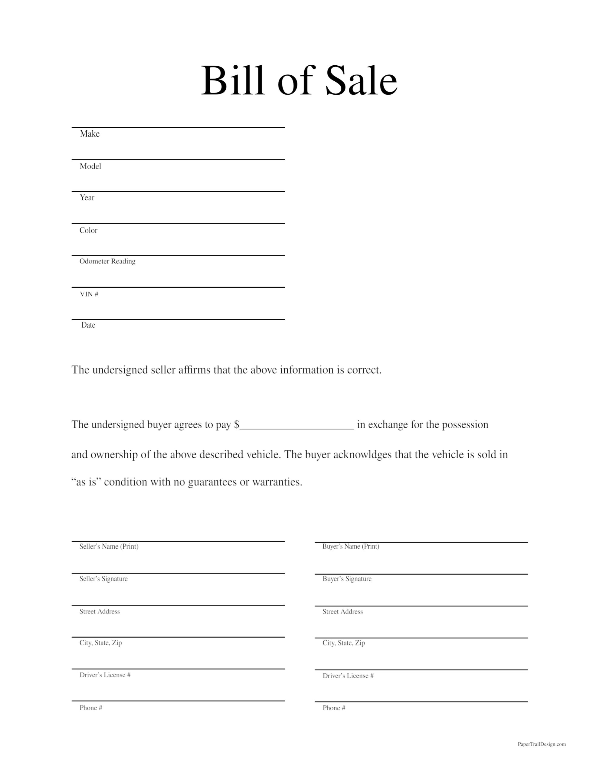 Bill Of Sale Printable Template Free Printable Templates