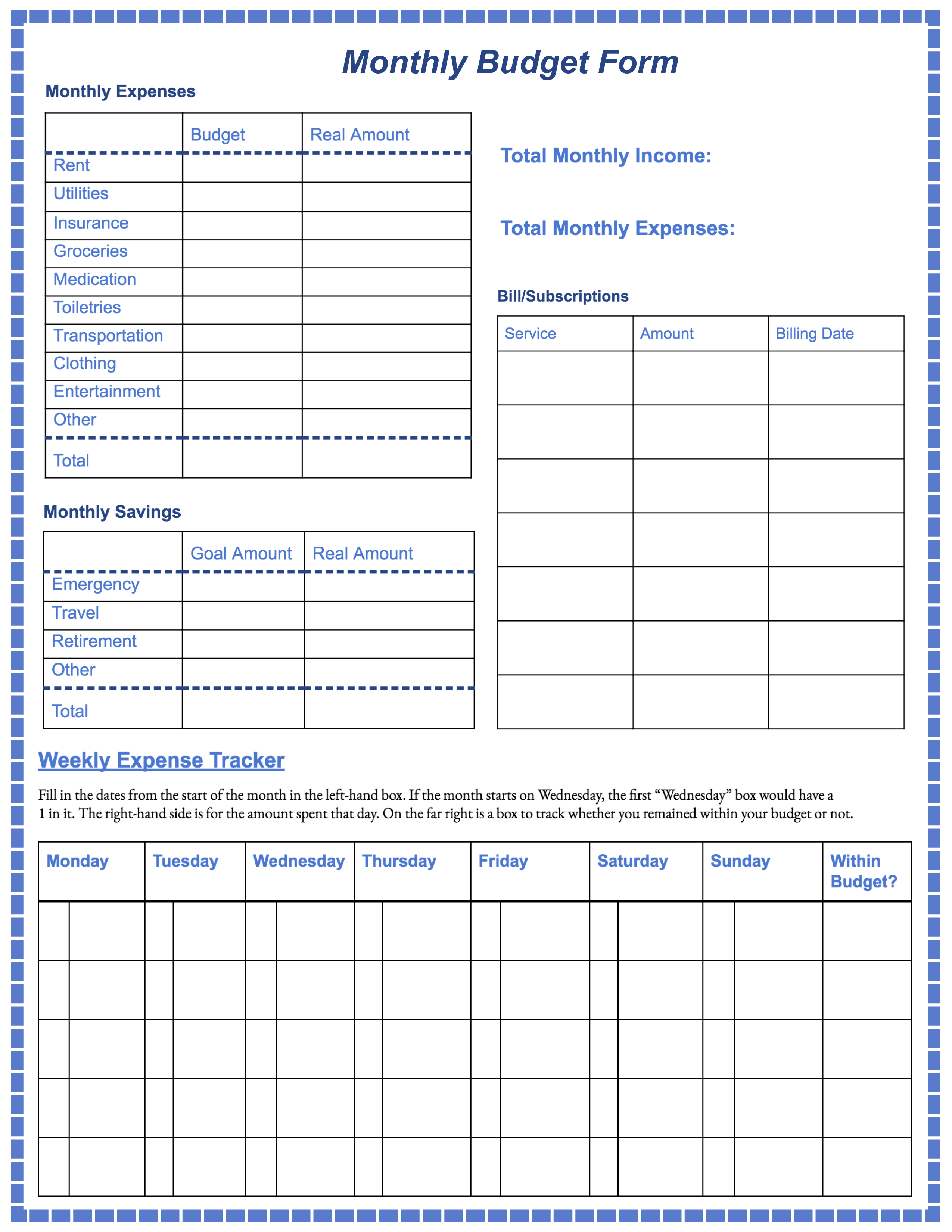 Printable Budget Forms