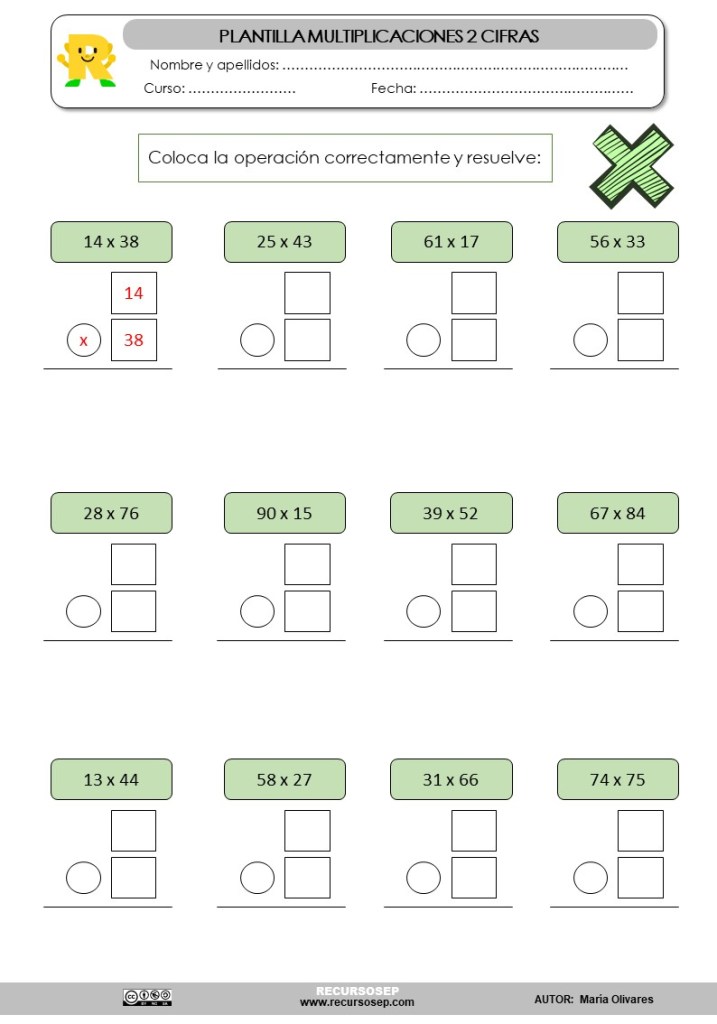 Plantillas De Multiplicaciones De 2 Cifras