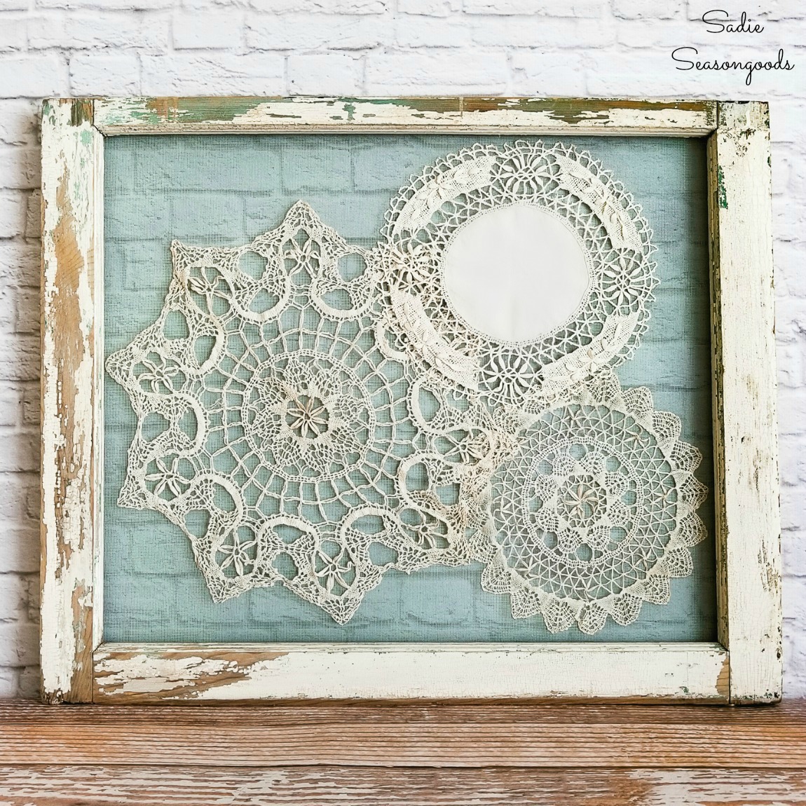 Shabby Chic Wall Decor With Lace Doilies And An Old Window Frame