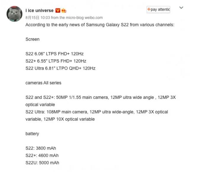 Samsung Galaxy S22 S22 S22 Ultra Key Specifications Leaked