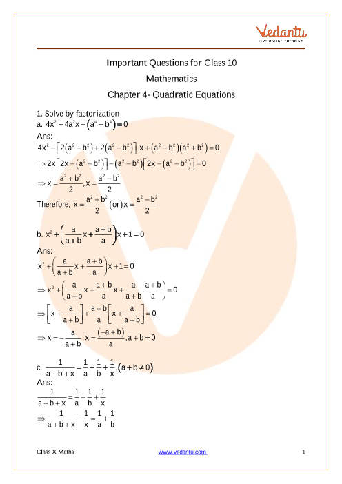 Quadratic Equation Class 10 Cbse Important Questions With Answers