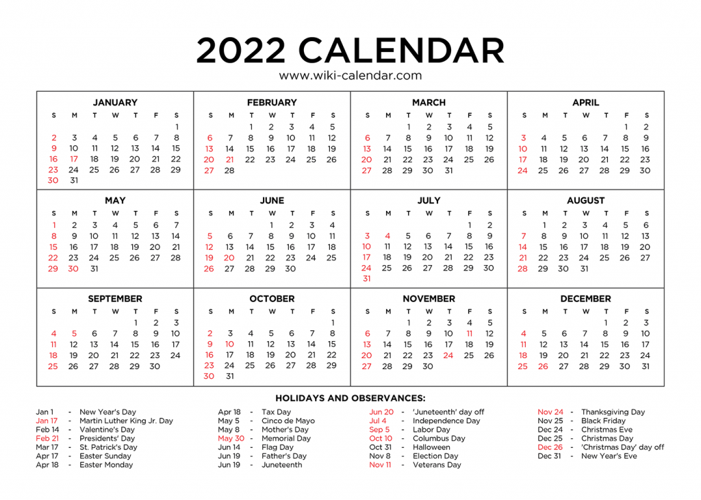 Printable Calendar 2022 One Page With Holidays Single Page 2022