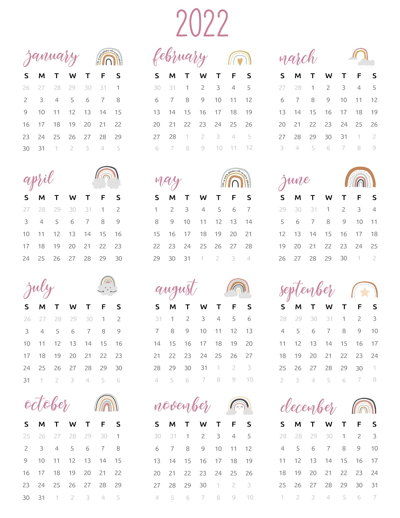 2022 Calendar Printable Cute