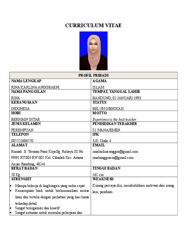 Contoh Curriculum Vitae Skripsi Bahasa Inggris Satu Trik