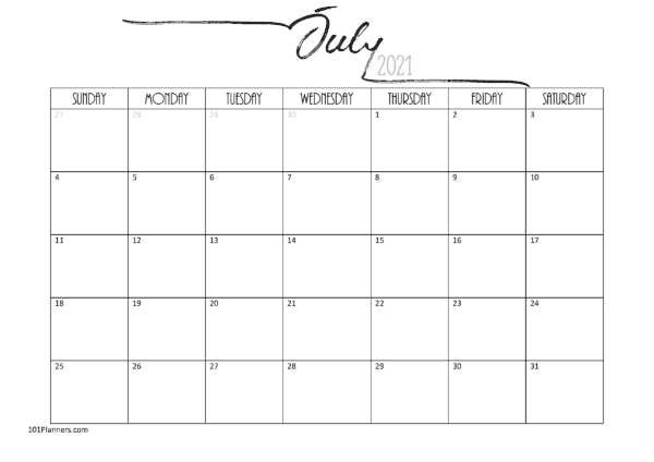 Cute July 2021 Calendar Printable