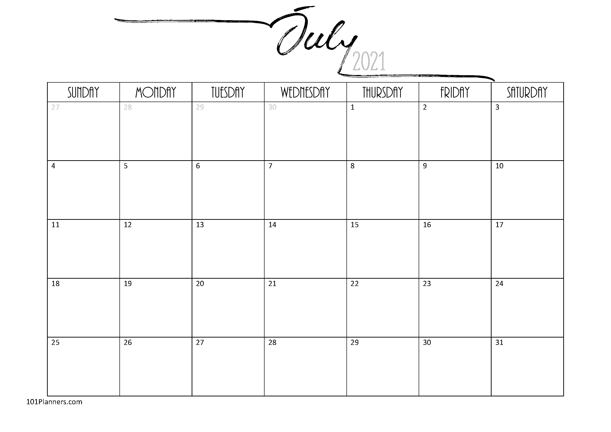 Free Printable July 2021 Calendar Customize Online