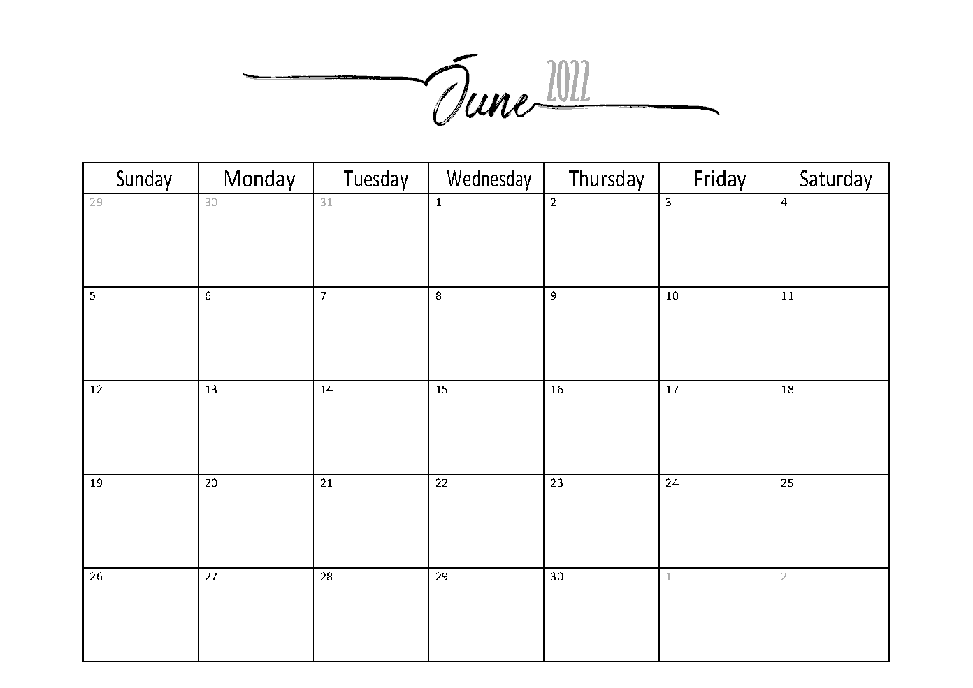 Free Printable June 2022 Calendar Customize Online