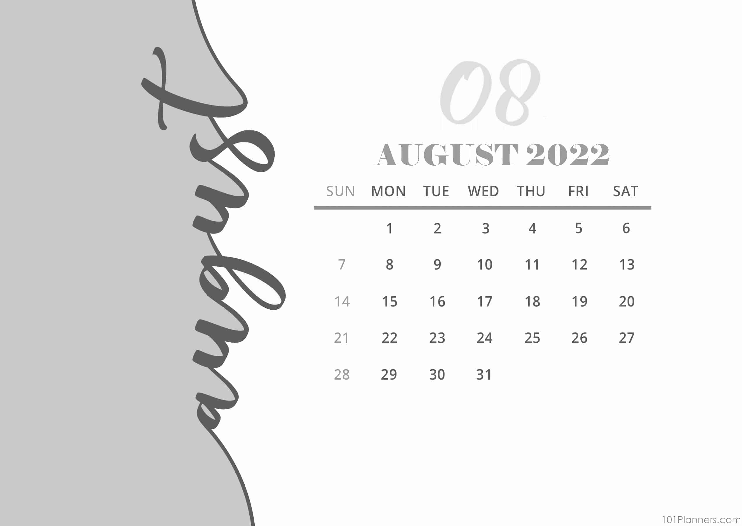 Free Printable August 2022 Calendar Instant Download