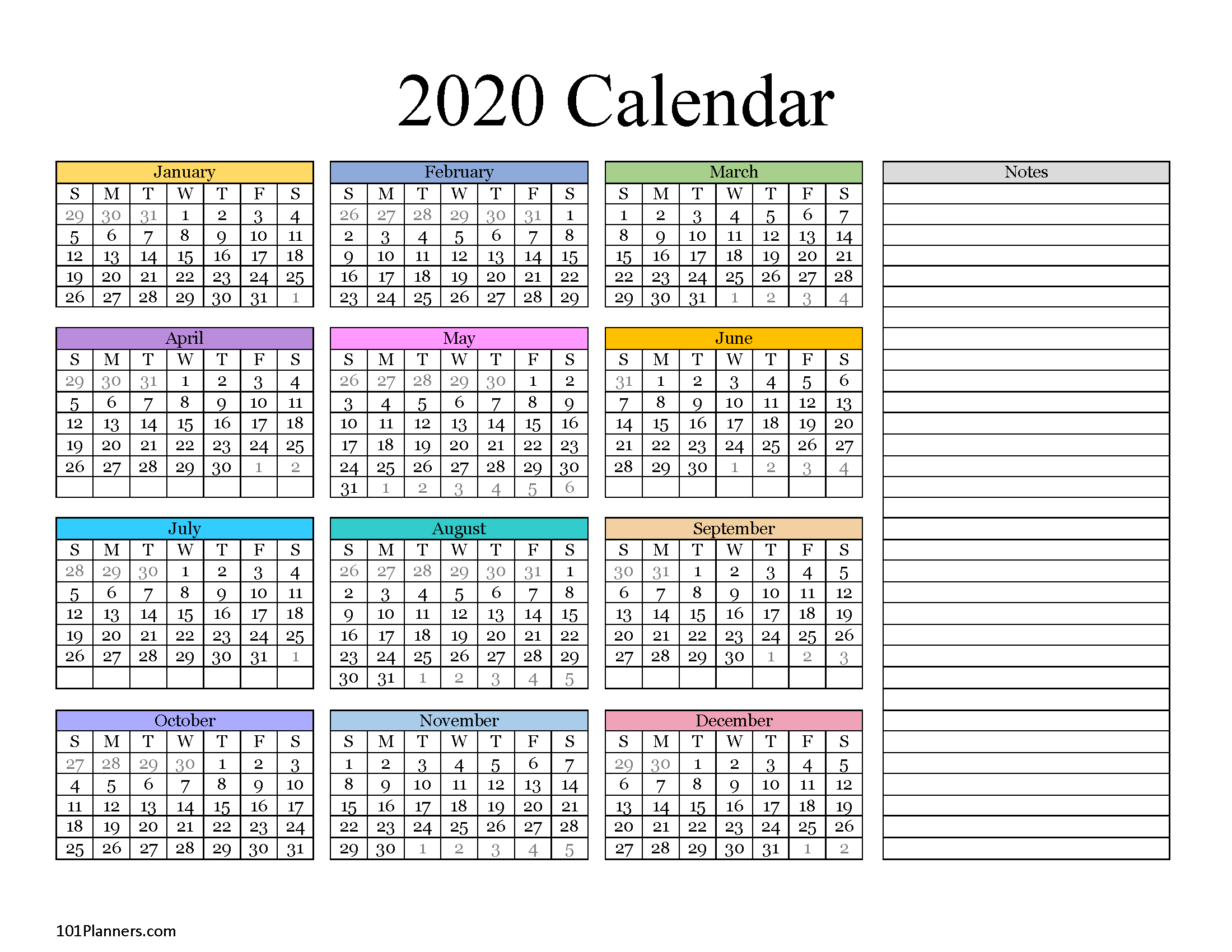 Free Printable 2020 Yearly Calendar At A Glance 101 Backgrounds