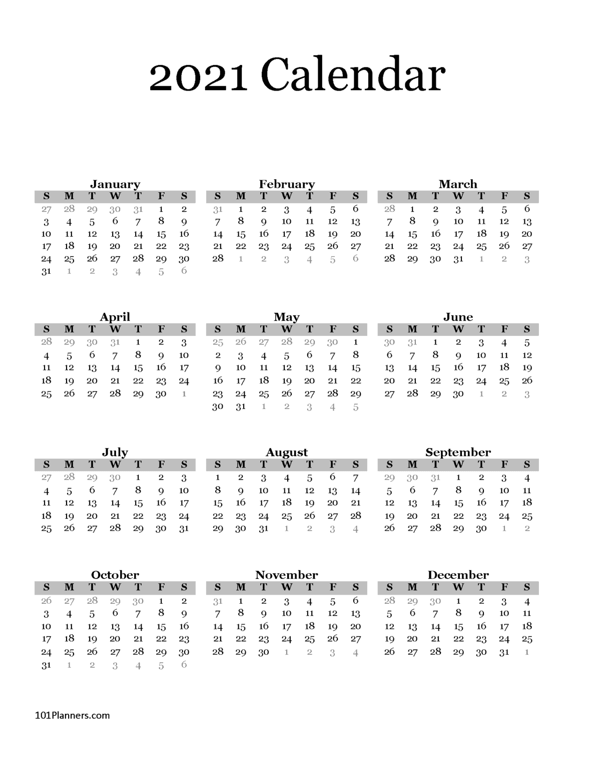 Annual Calendar At A Glance Printable Word Searches