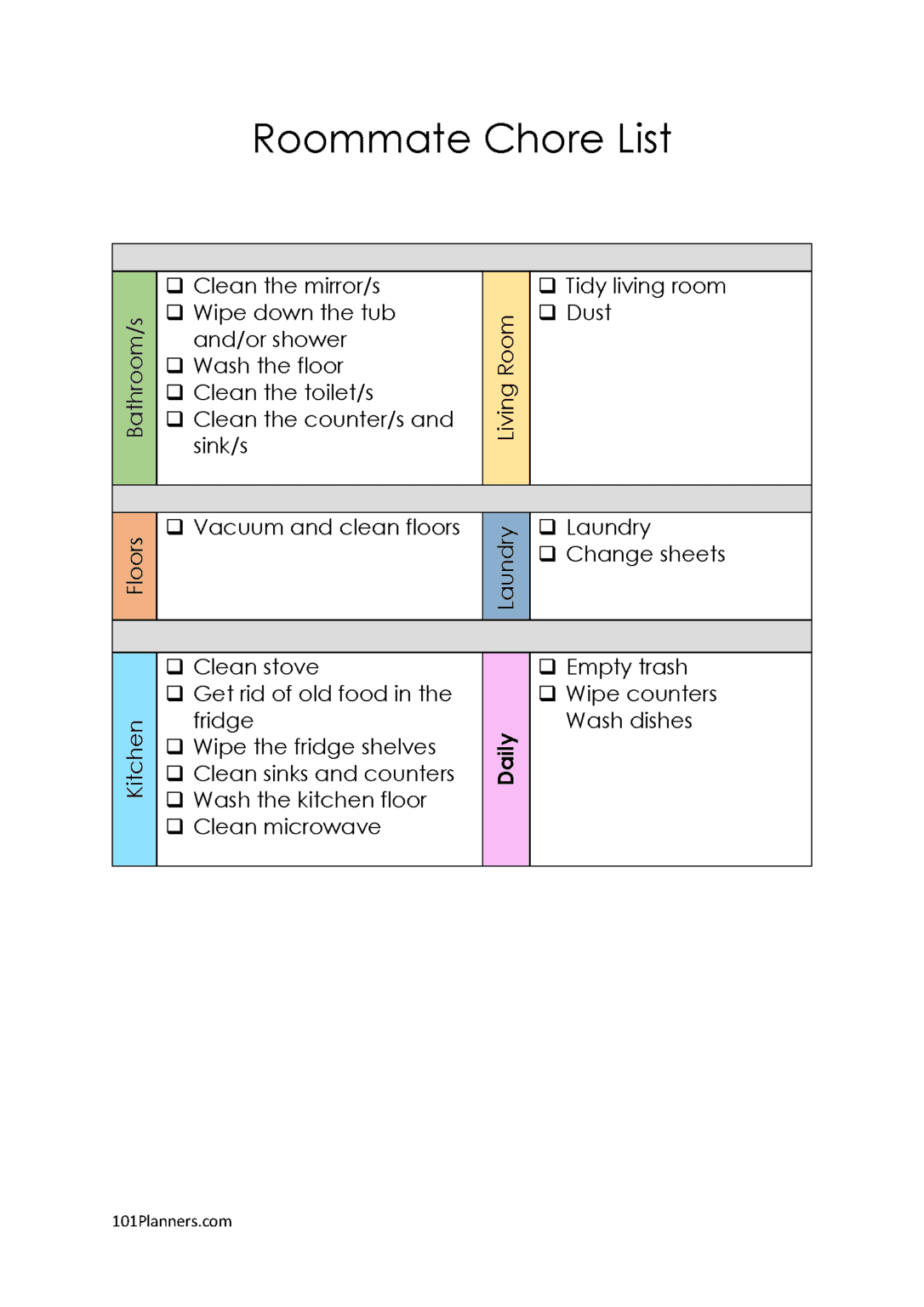 Free Printable And Editable Roommate Chore Chart Templates