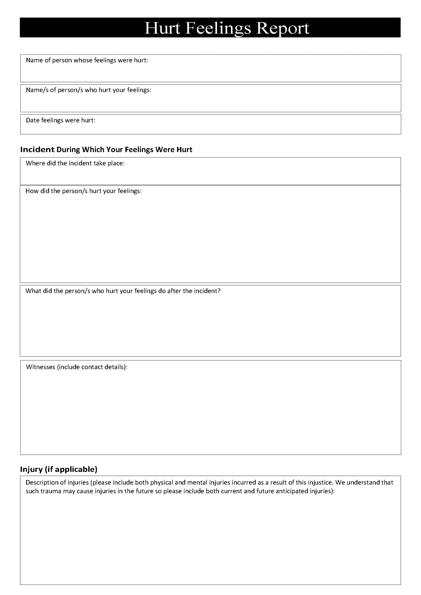 Free Printable And Editable Hurt Feelings Report