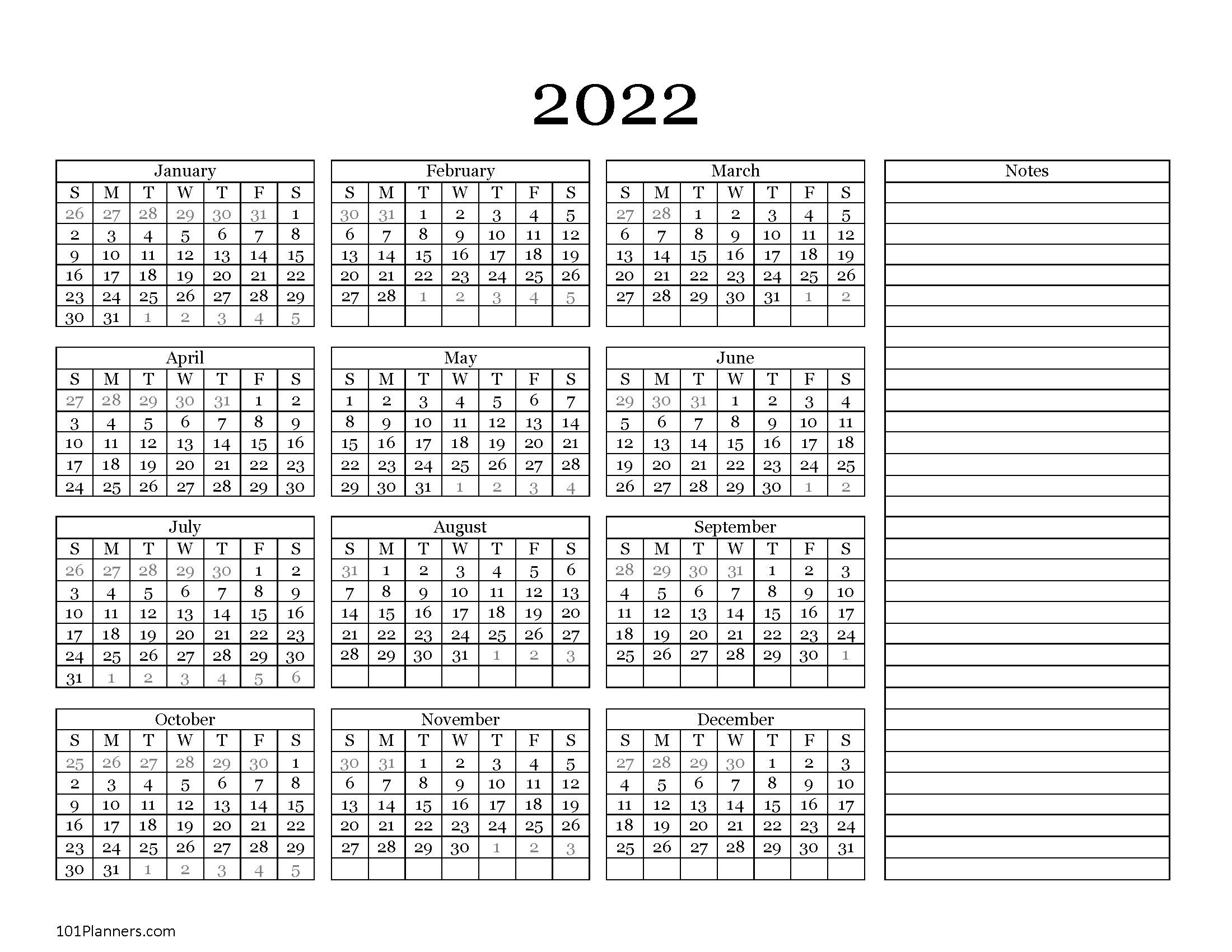 Free Printable 2022 Yearly Calendar At A Glance 101 Backgrounds