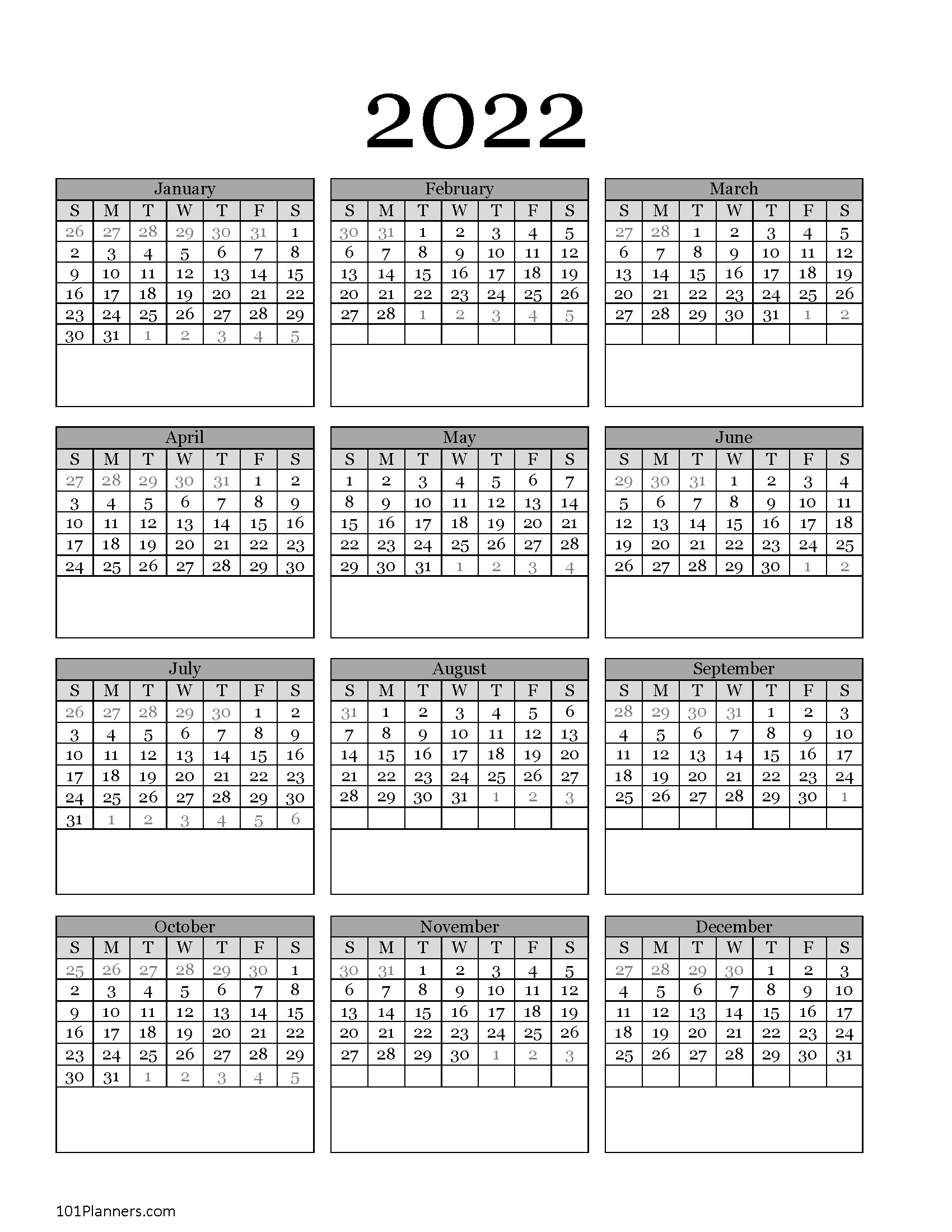 Free Printable 2022 Yearly Calendar At A Glance 101 Backgrounds