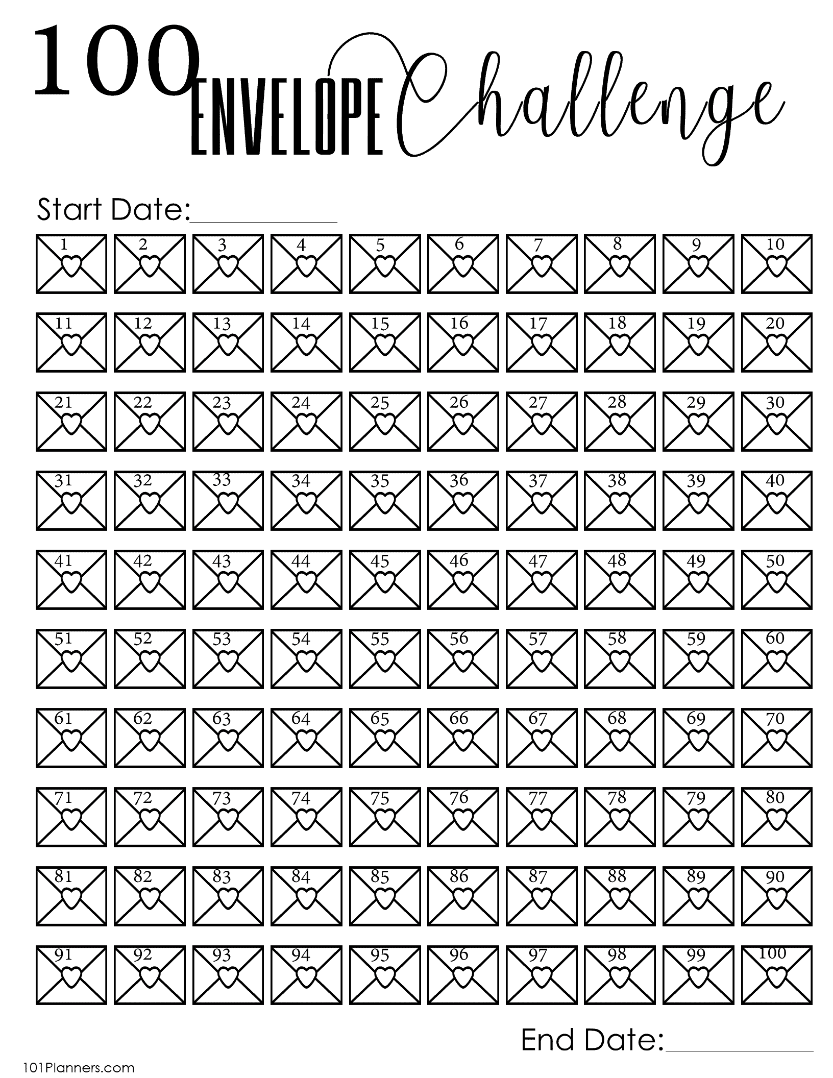 Free 100 Envelope Challenge Chart Instant Download