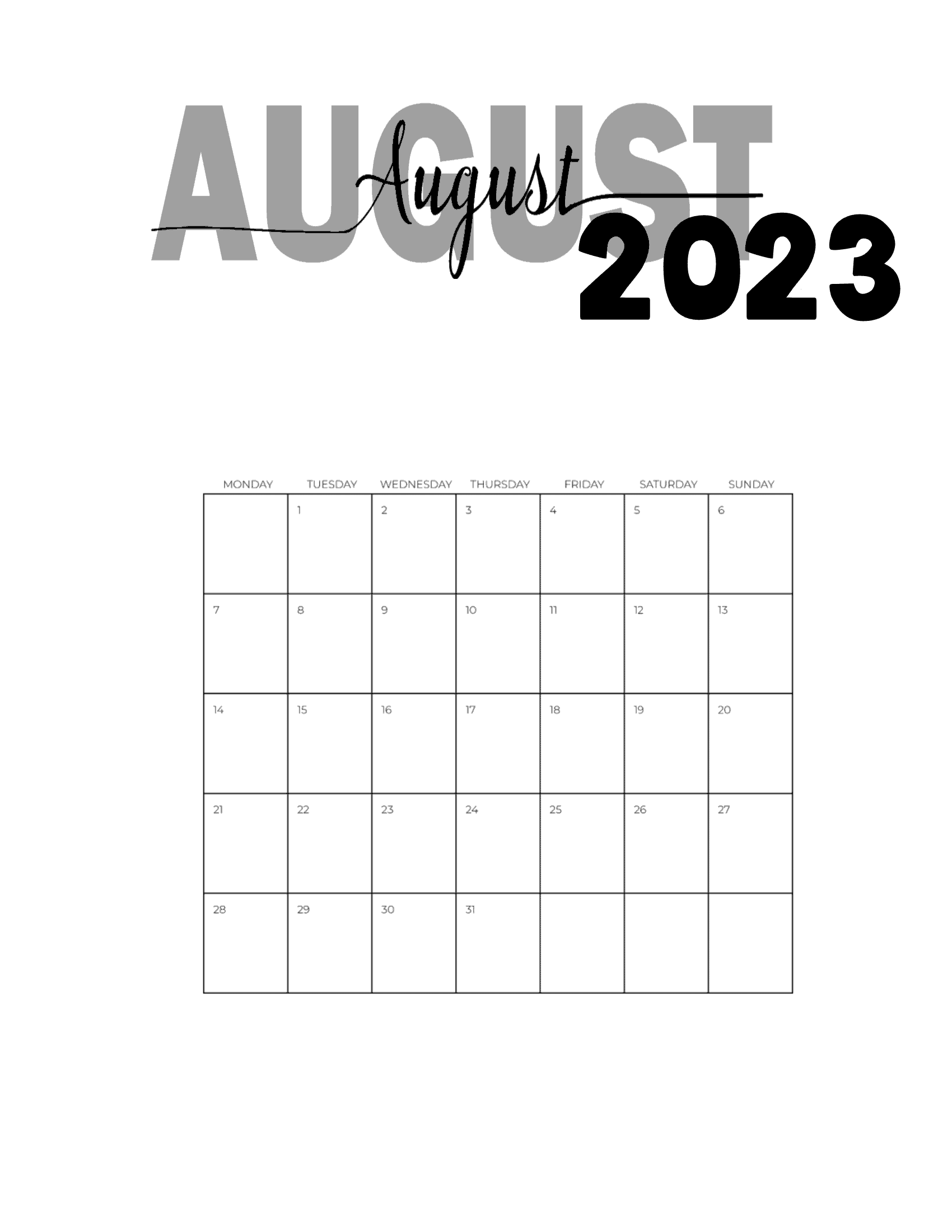 2023 Calendar Month Of August