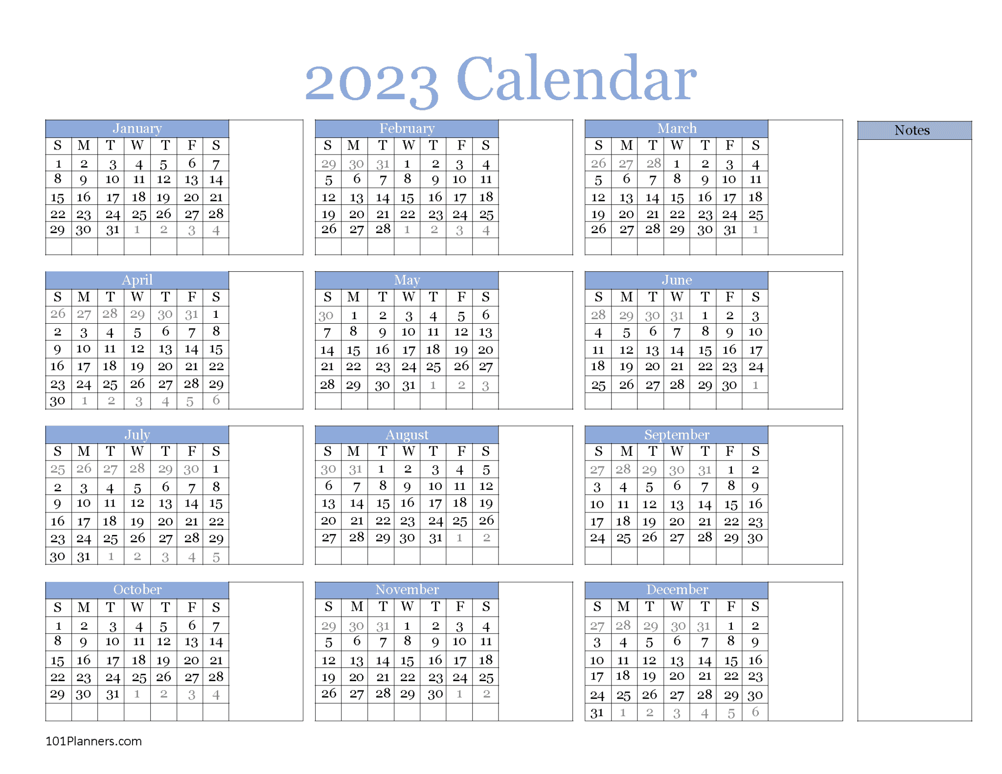 2023 Year At A Glance Printable Calendar Printable Calendar Collection