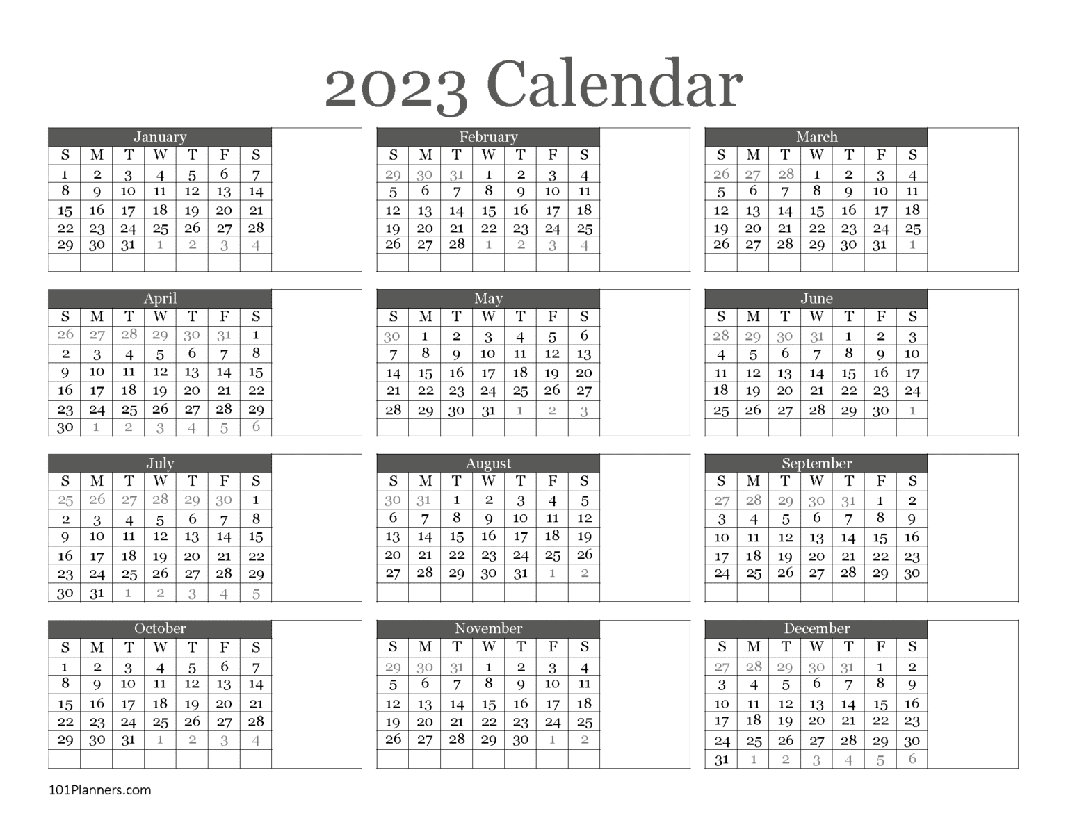 Free Printable 2023 Yearly Calendar At A Glance 101 Backgrounds