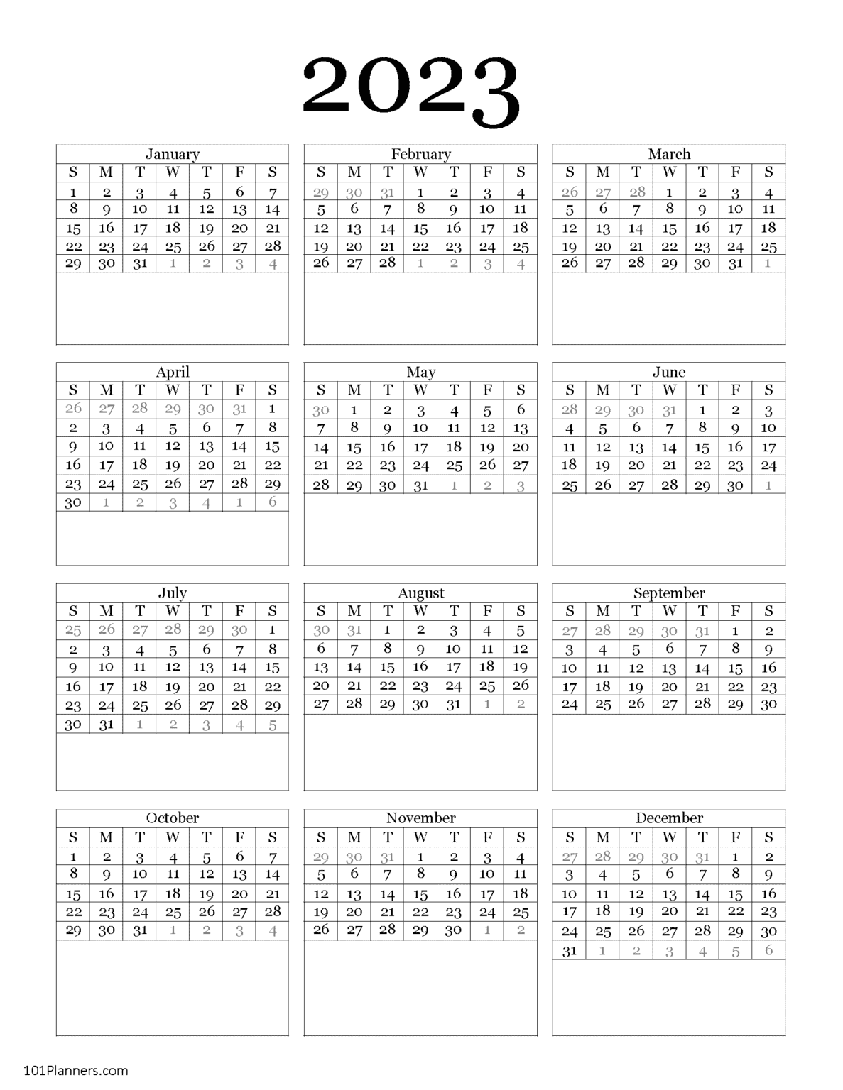 Free Printable 2023 Yearly Calendar At A Glance 101 Backgrounds