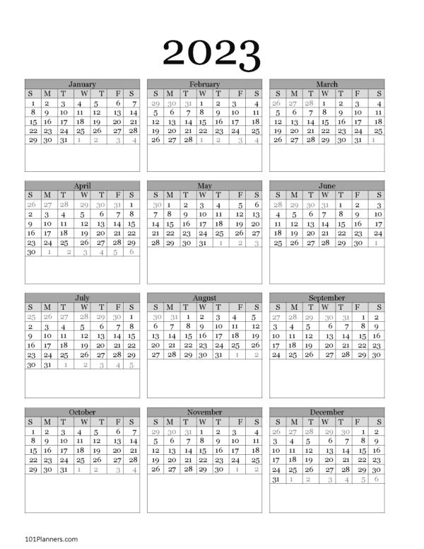 Printable Year At A Glance Calendar 2023