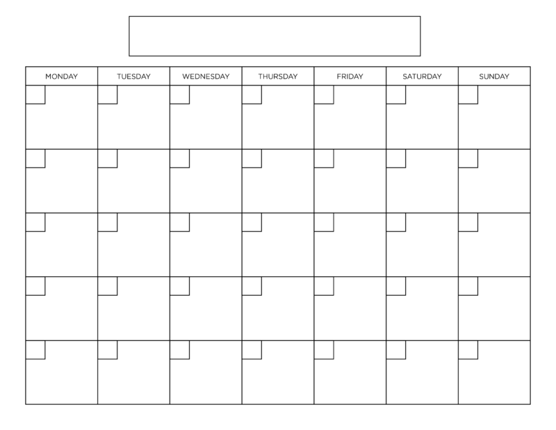 Undated Monthly Calendar Printable Sunday Start Verti