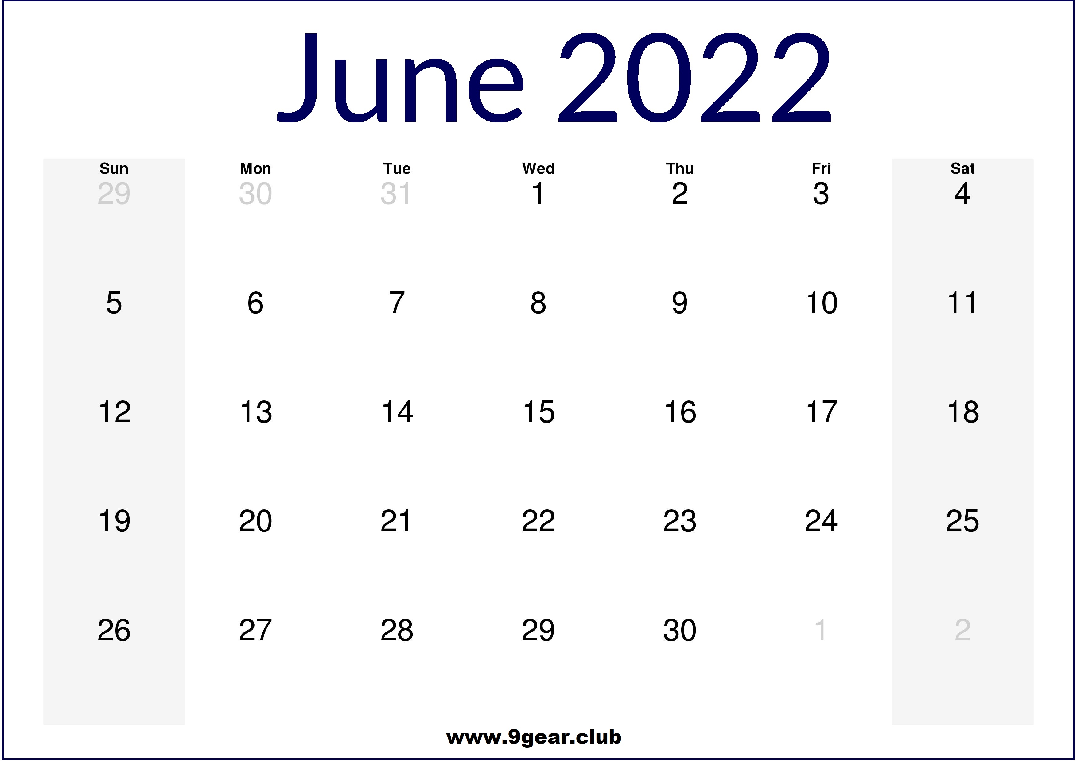 Editable Calendar June 2022