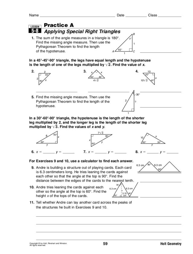 Special Right Triangles Practice Worksheet Answer Key