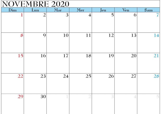 Calendrier Novembre 2020 Imprimable Avec Notes Calendarena