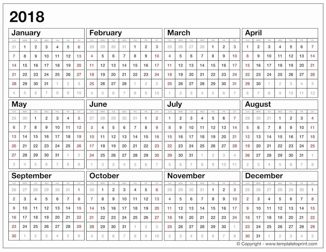 Year At A Glance Printable Calendar