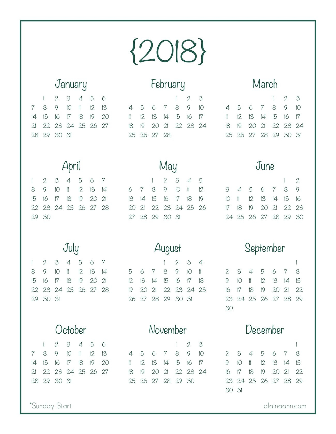 Printable Year At A Glance Calendar
