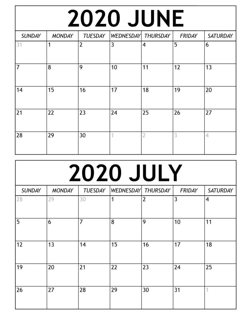 June July Calendar Printable