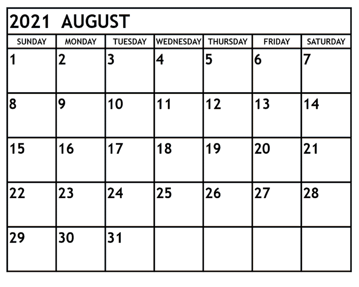 August 2021 Calendar Printable Monthly Template