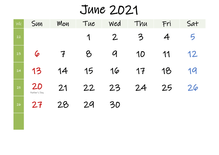 June 2021 Calendar Printable Monthly Template