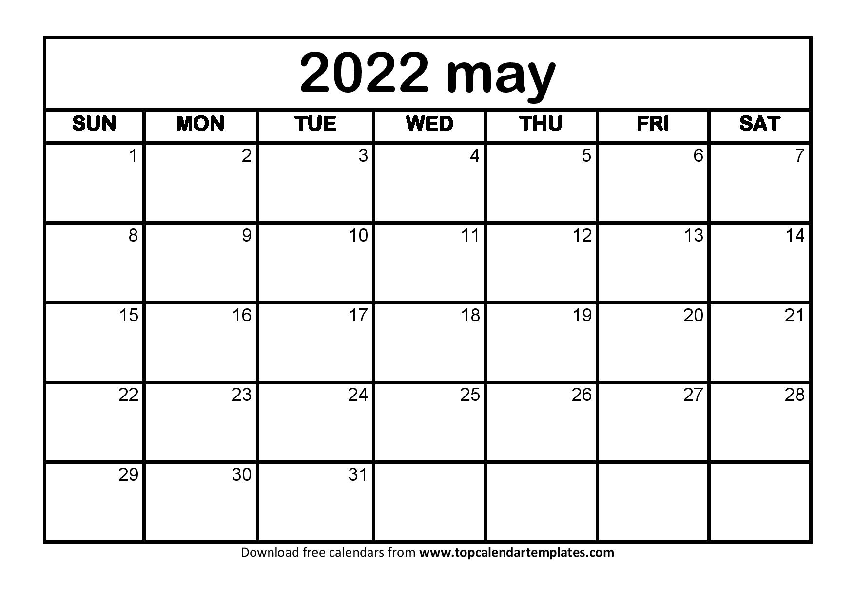 May Blank Calendar 2022 Printable Printable World Holiday