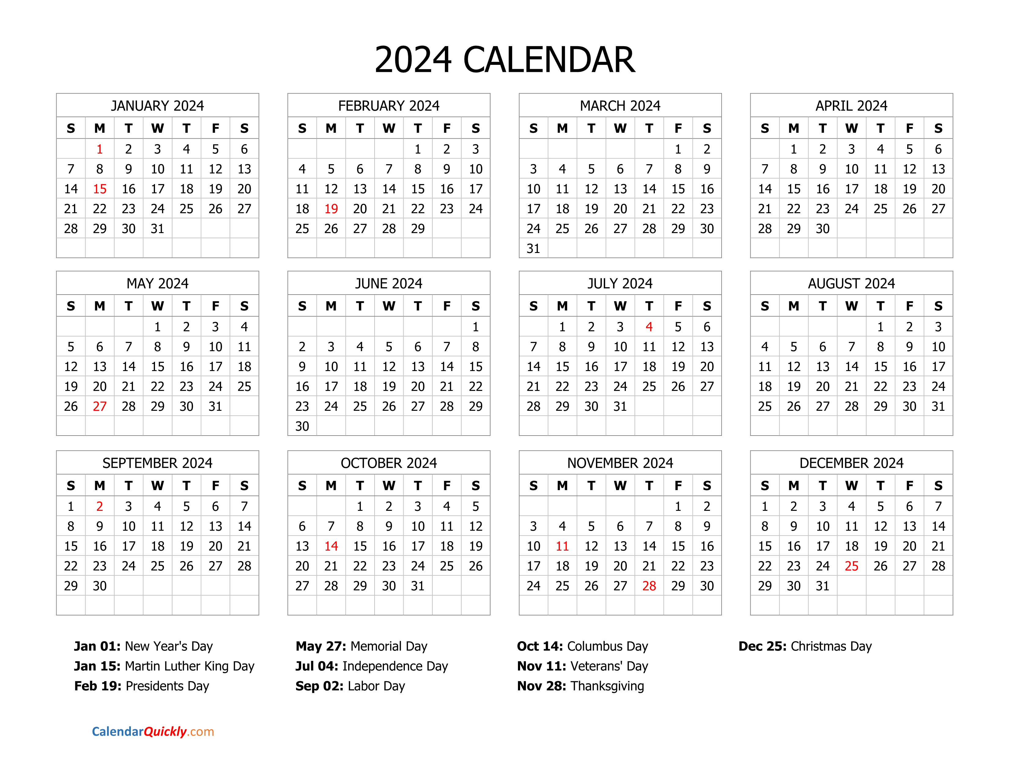 2024 Printable Calendar One Page With Holidays