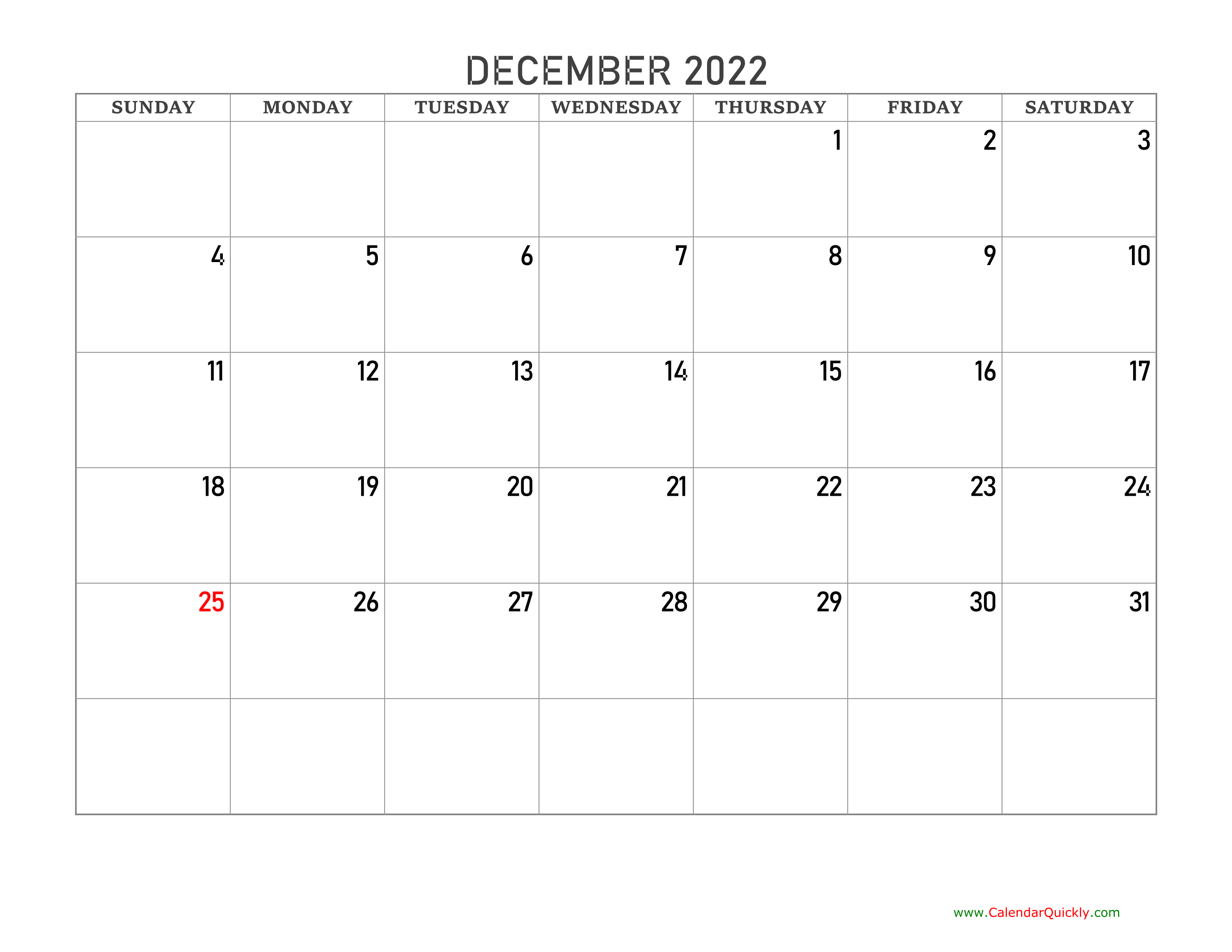 Blank Calendar Template December 2022 Printable Printable Calendars
