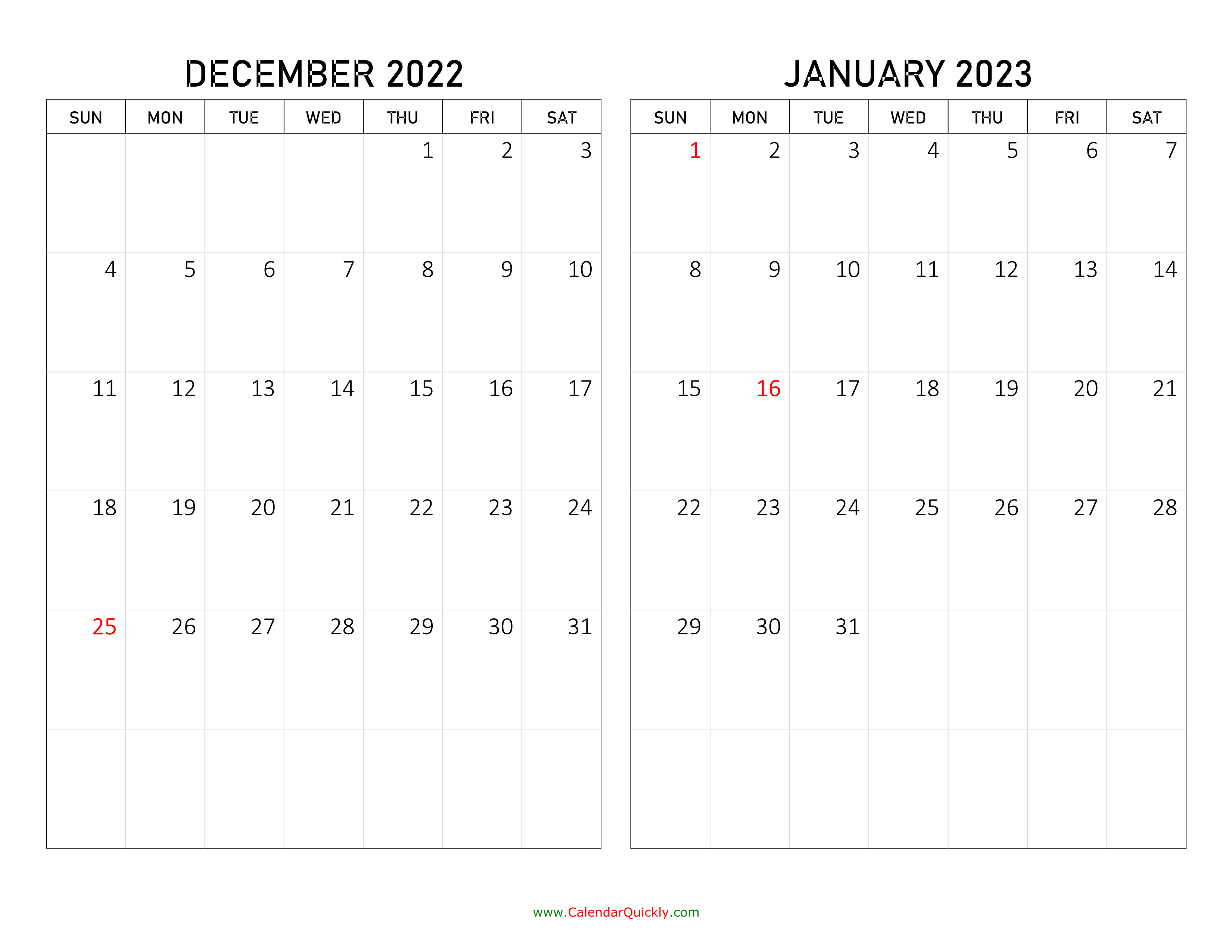 Printable December 2022 January 2023 Calendar