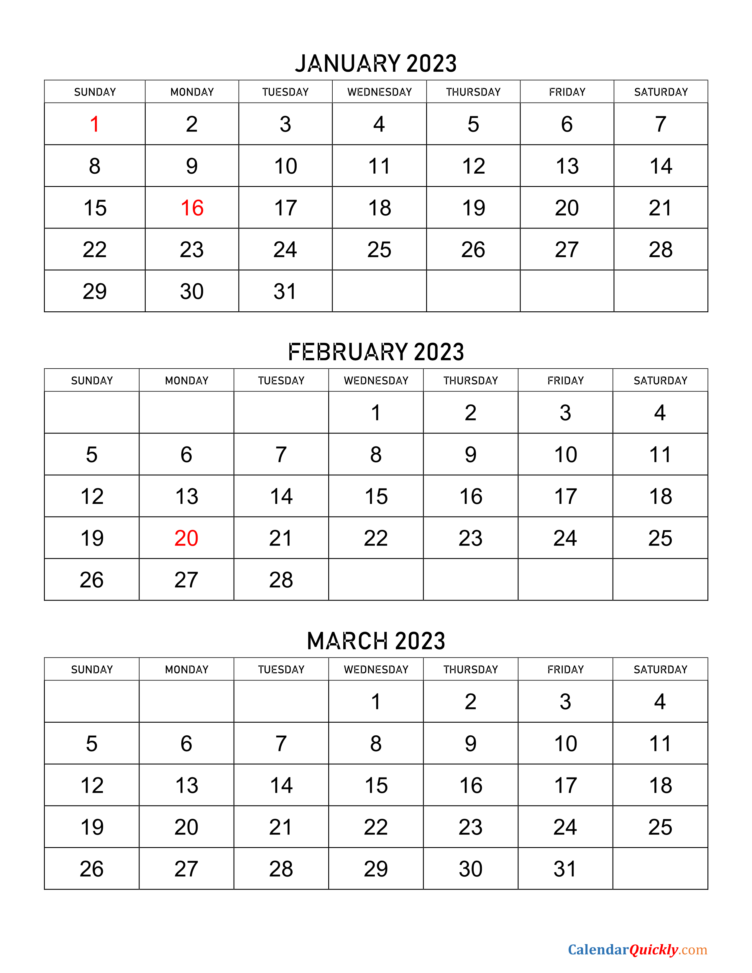 3 Month Calendar Printable 2023