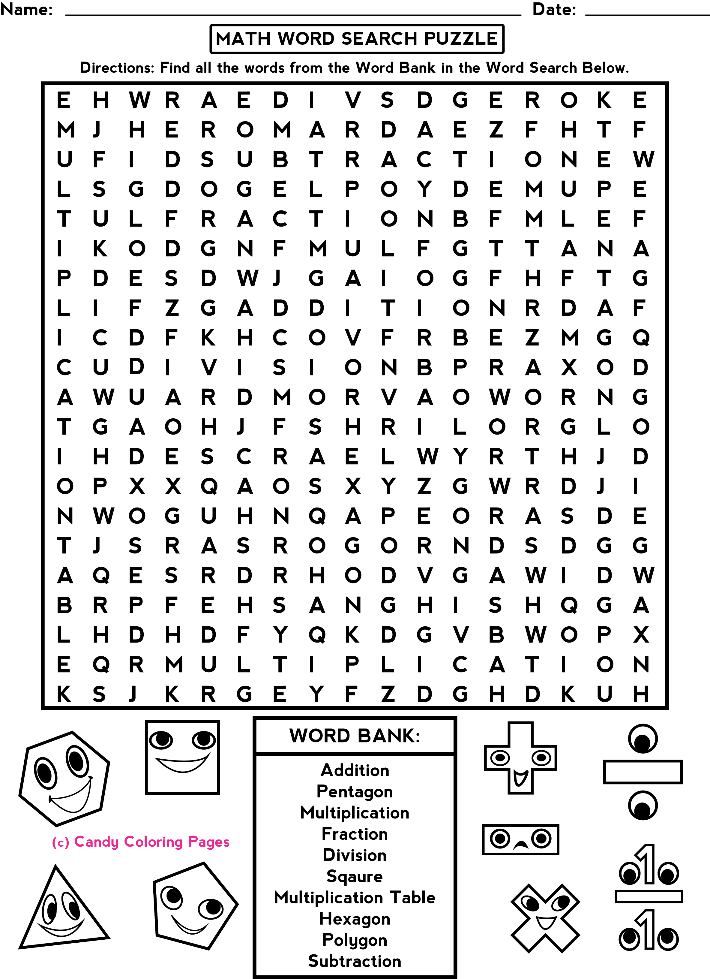 Printable Math Word Search