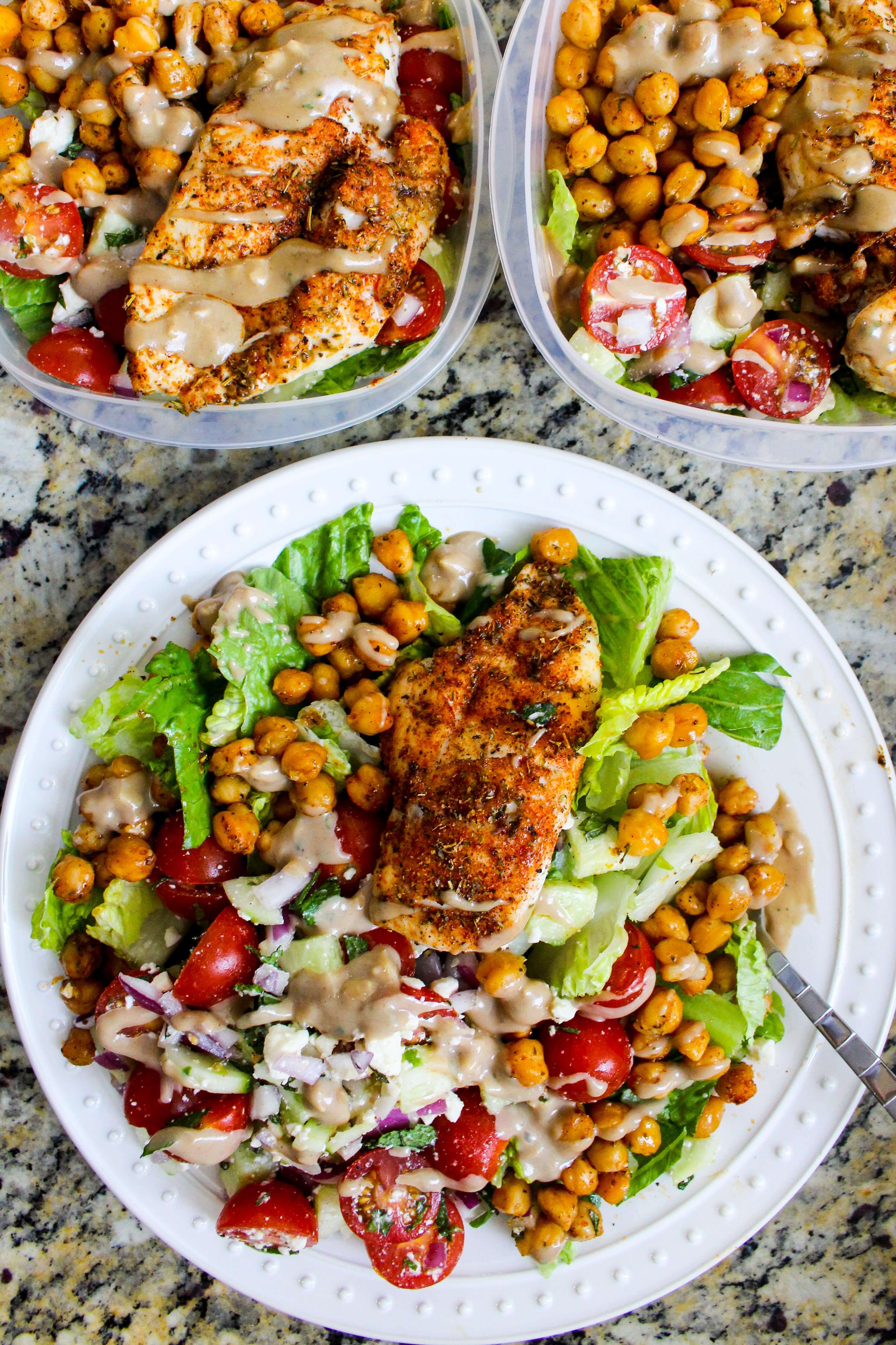 Greek Chicken And Chickpea Chopped Salad With Balsamic Tahini Dressing