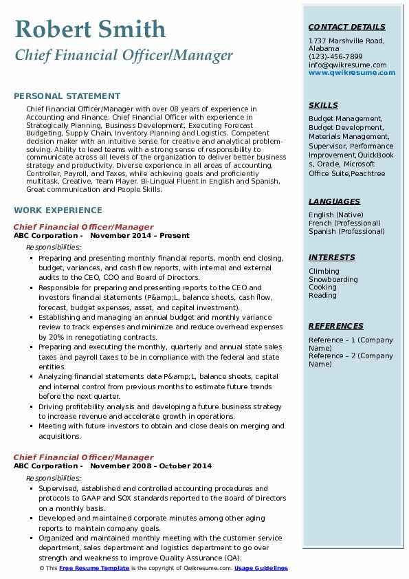 Chief Financial Officer Resume Sample