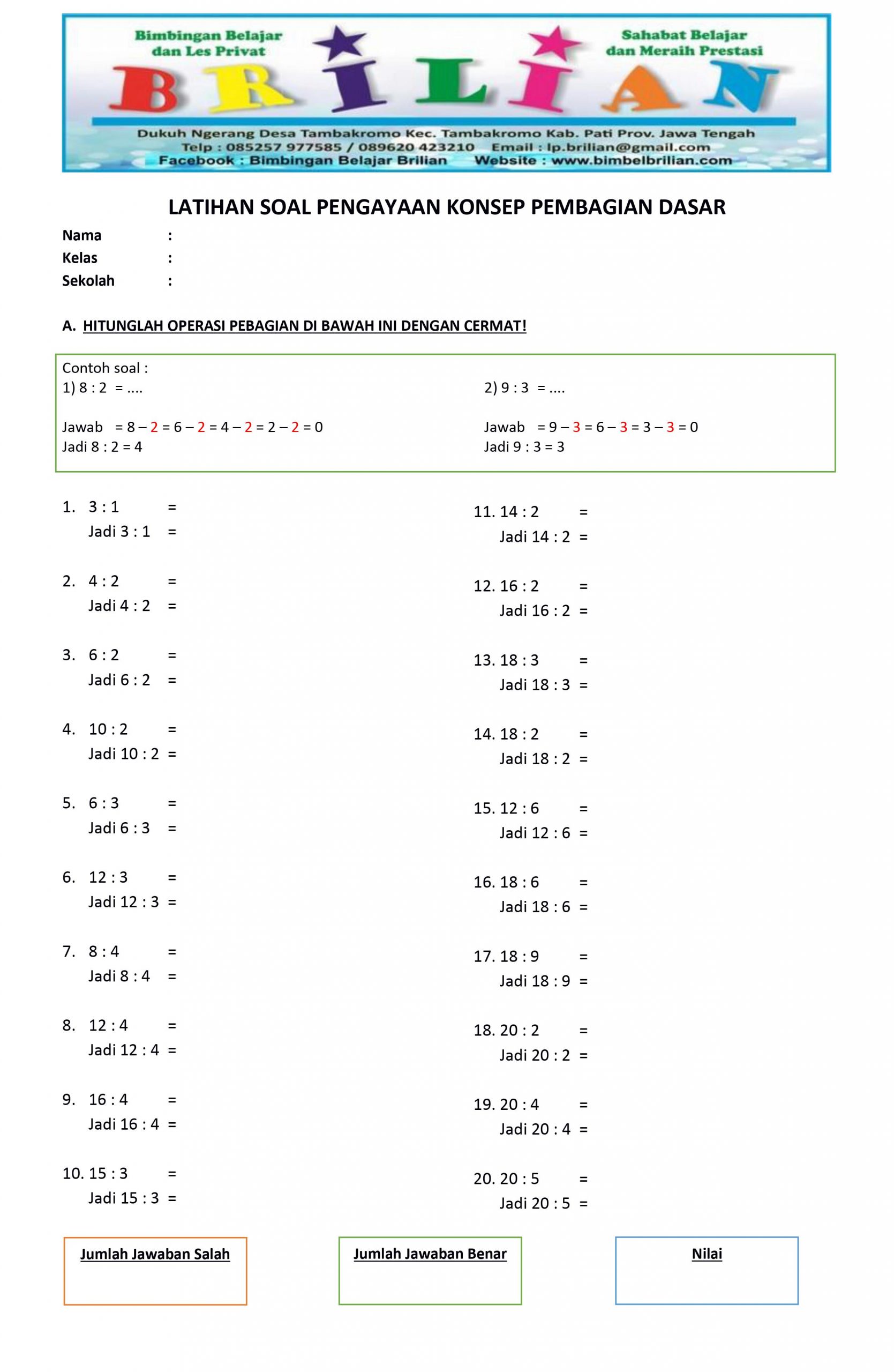 Contoh Soal Pembagian Kelas 2 Contoh Latihan Soal Soal Matematika Riset