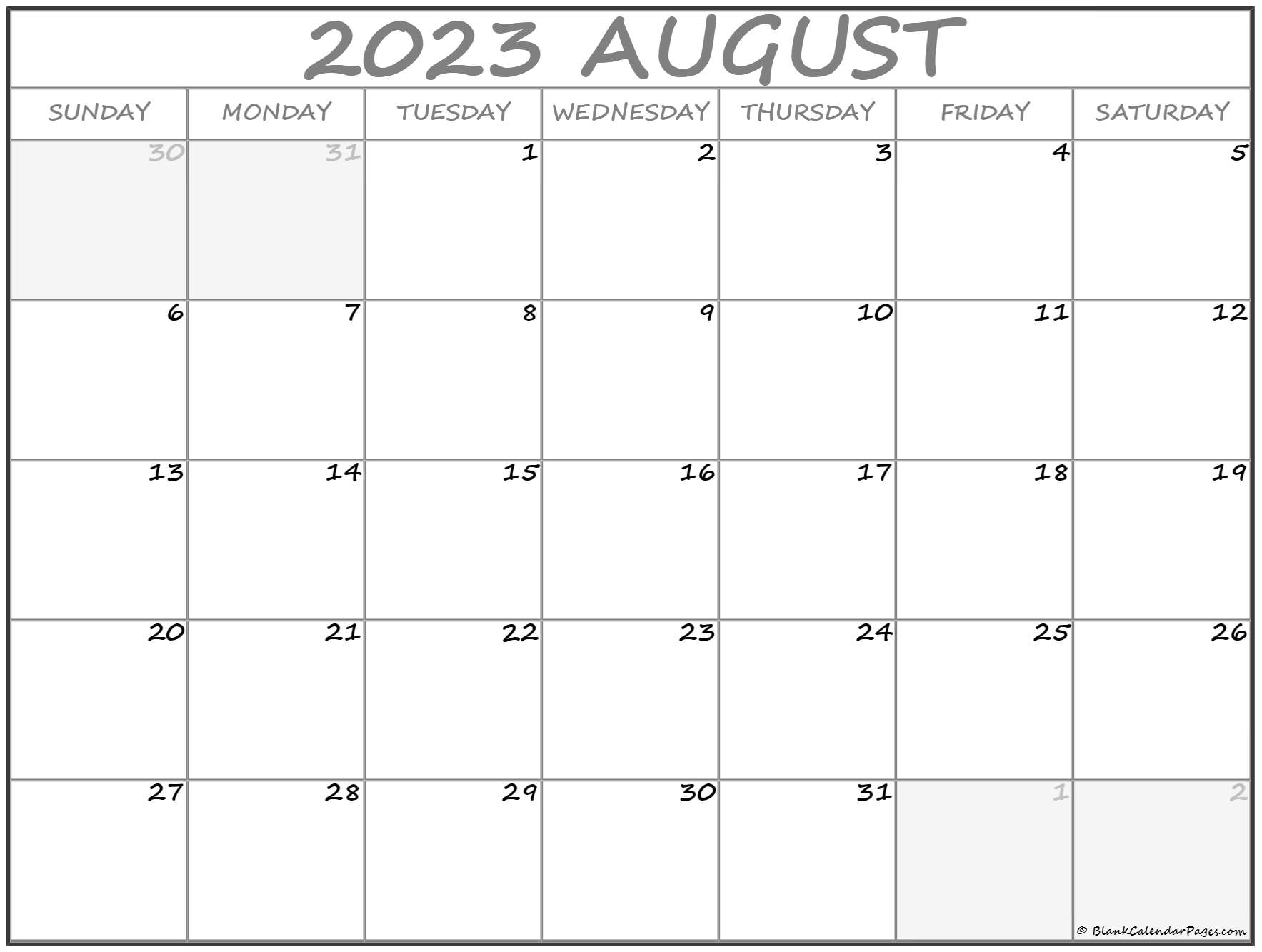 Free Printable August 2023 Calendar