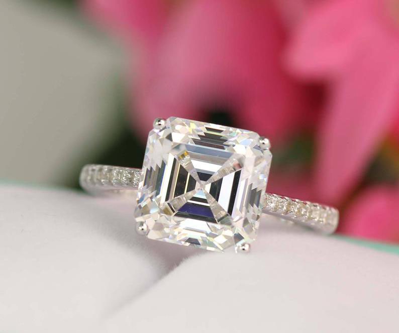 5 Carat 10mm Asscher Cut Diamond Solitaire Engagement Ring 14k White