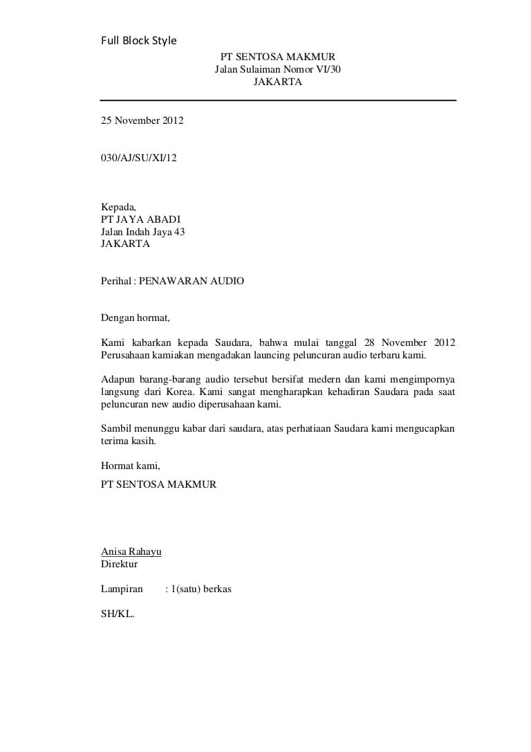 Contoh Surat Modified Block Style Bahasa Inggris Ujian