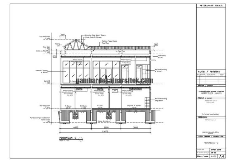 Gambar Kerja 2d Rumah 2 Lantai Tropis Potongan C 1 Gambar Desain Arsitek