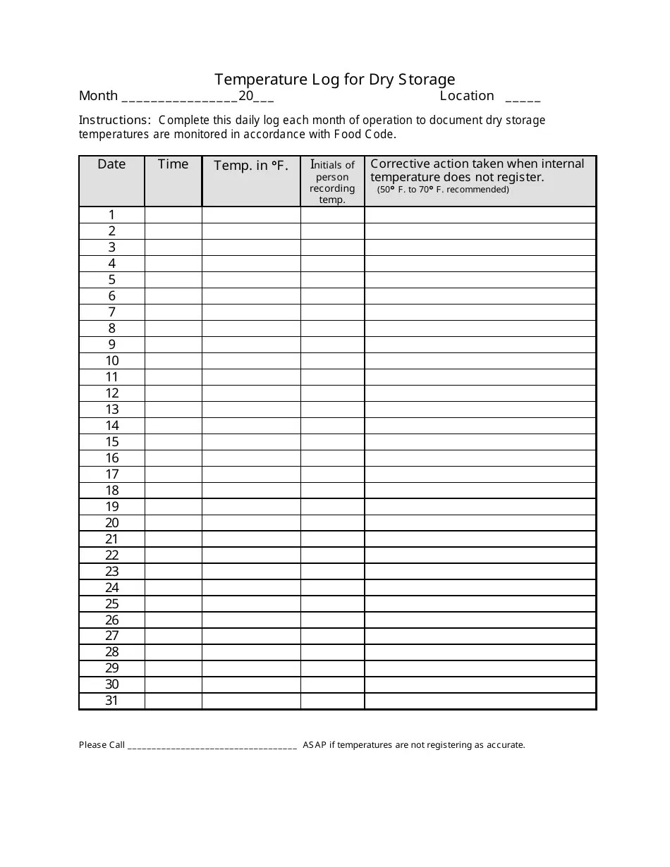 Temperature Log Template